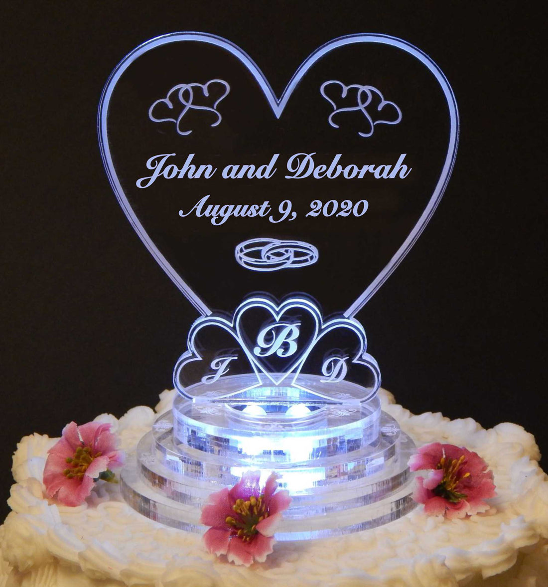 Personalized Monogram Heart Lighted Acrylic LED Wedding Cake Topper ...